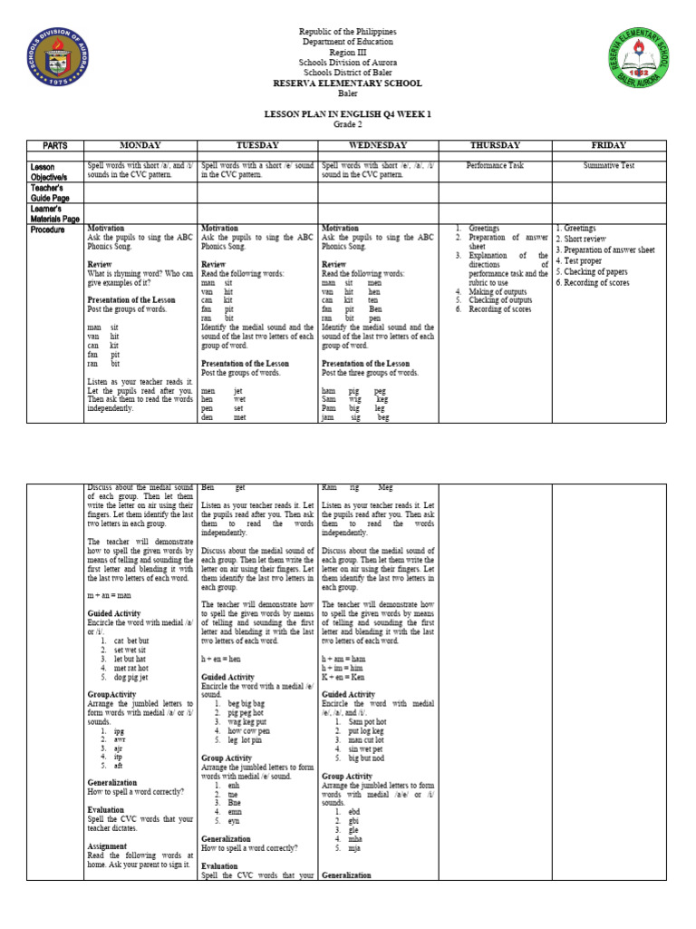 GRADE 2 LESSON PLAN Q4 W1 | PDF | Phonics | Behavior Modification