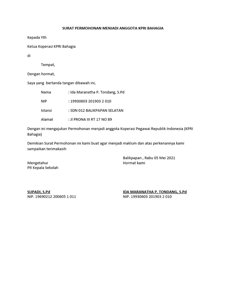 Surat Permohonan Menjadi Anggota Kpri Bahagia | PDF