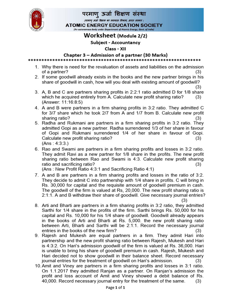 Worksheet Class Xii Accountancy Chapter 3 Admission of A Partner Module ...