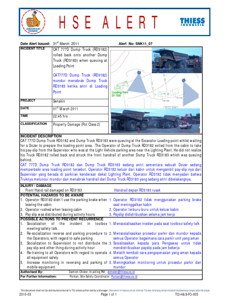 Safety Alert from Senakin - CAT 777D Dump Truck (RD3182) rolled back ...