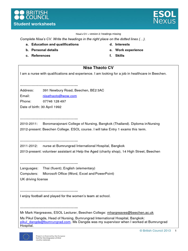 Writing CV Worksheet | PDF