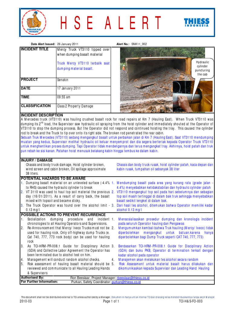 Safety Alert from Senakin - Mercy Truck VT3110 tipped over when dumping ...