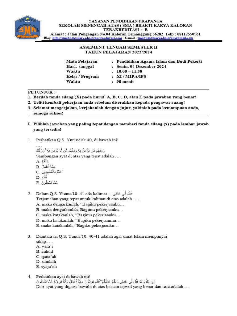 Soal ATS KLS XI PAI - Sem2-1 | PDF
