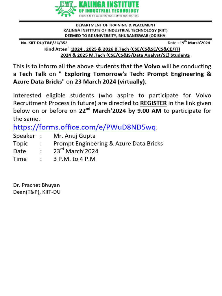 Registration For Volvo Tech Talk For 2024, 2025, 2026 Graduating Batch | PDF