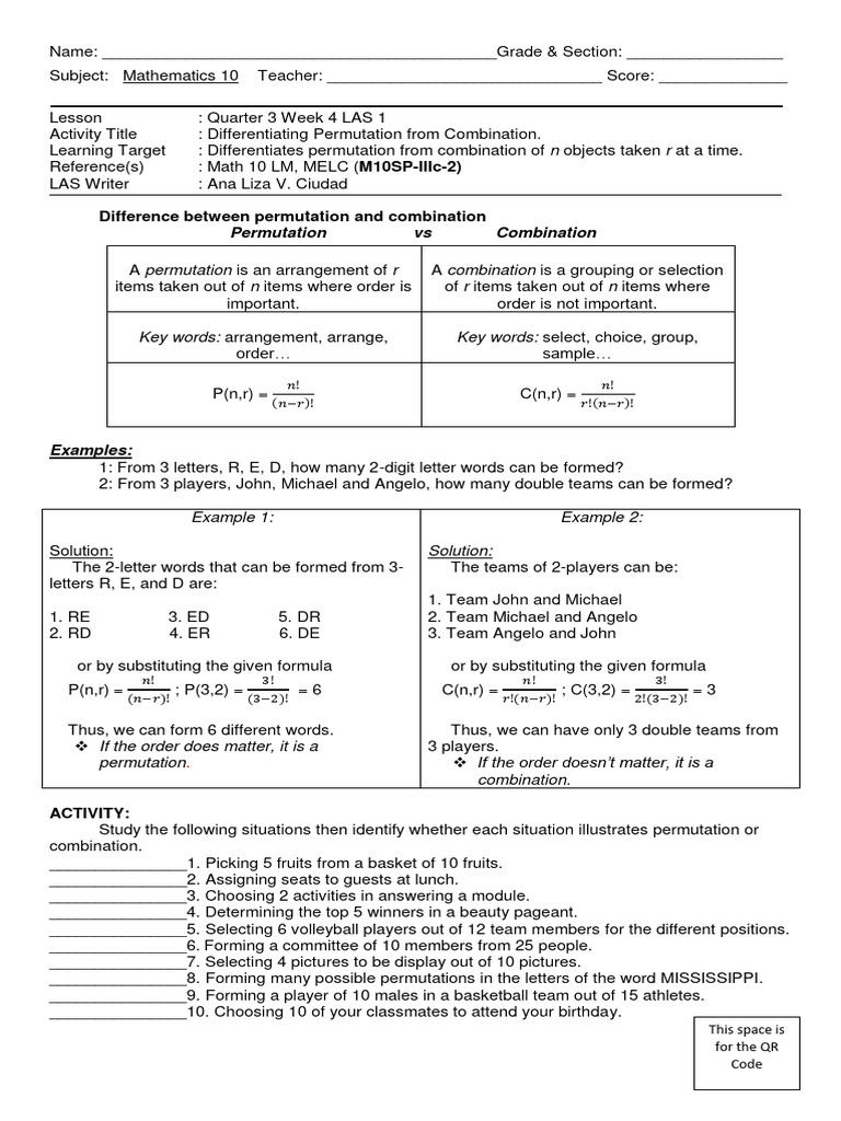 Math 10 Quarter 3 Week 4 Las 1 | PDF | Mathematics