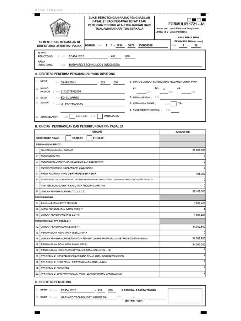 Formulir 1721-A1 untuk PPh 21 | PDF