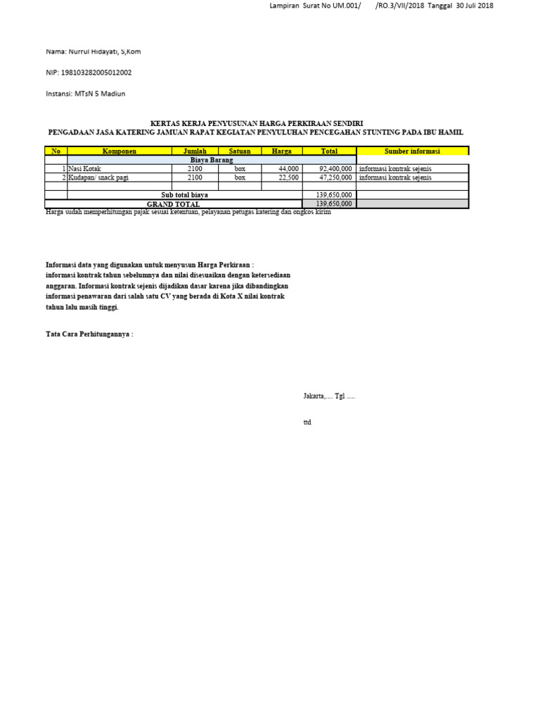 Nurrul Hidayati-Lampiran 05 - Form Harga Perkiraan Sendiri Jasa Katering | PDF