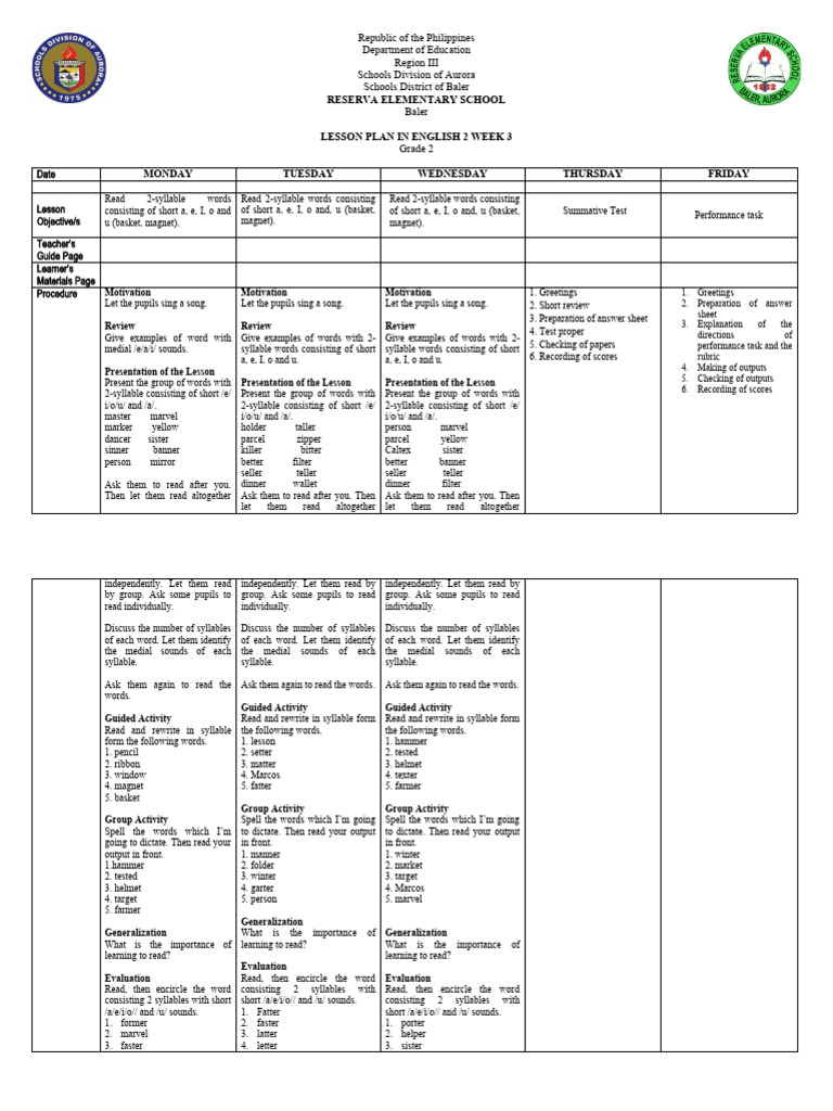 Grade 2 English Lesson Plan Week 3 | PDF | Linguistics