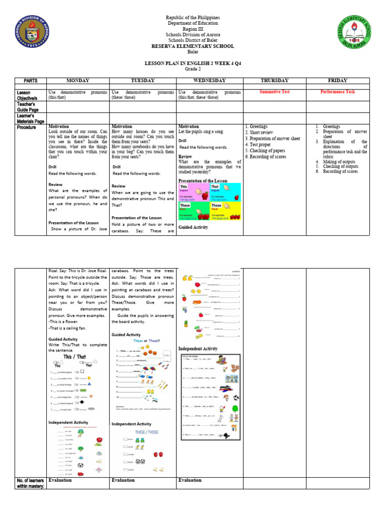 Grade 2 English Lesson Plan Q4 | PDF | Learning