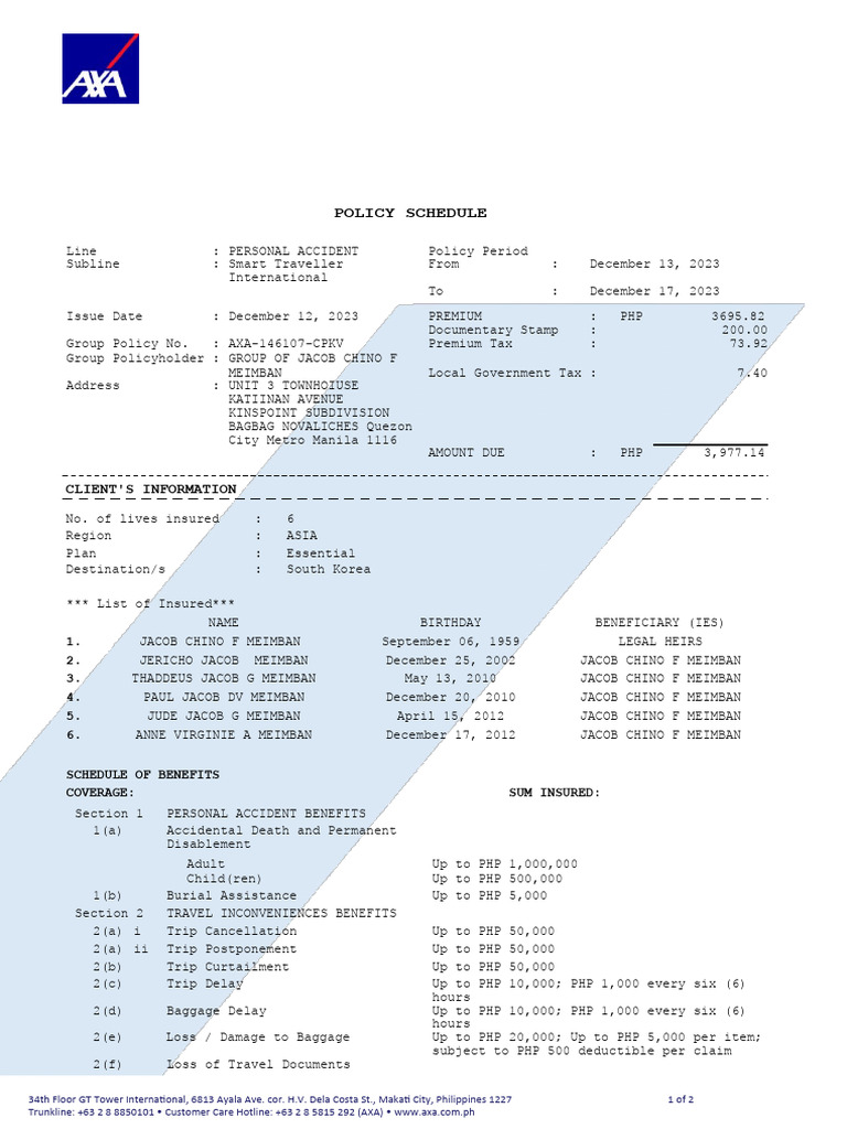 Smart Traveller Policy Schedule AXA-146107-CPKV-3 | PDF | Insurance ...