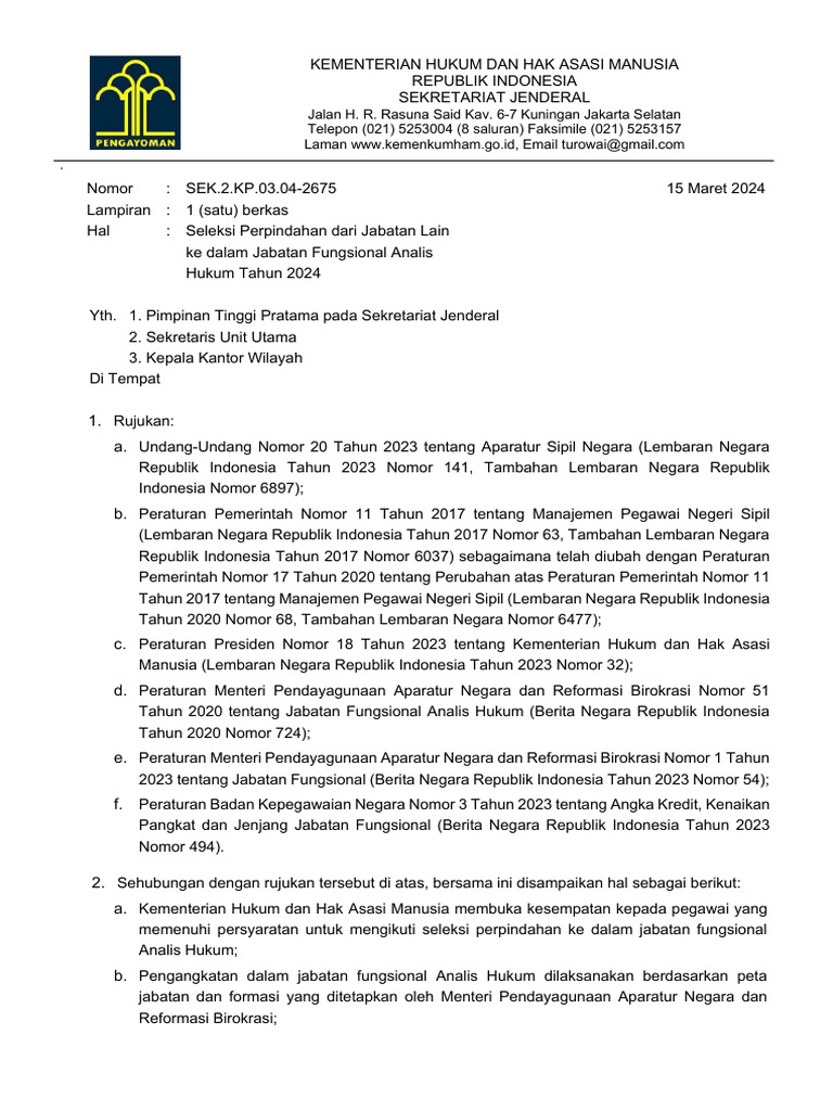 Seleksi Perpindahan Dari Jabatan Lain Ke Dalam Jabatan Fungsional Analis Hukum Tahun 2024t | PDF