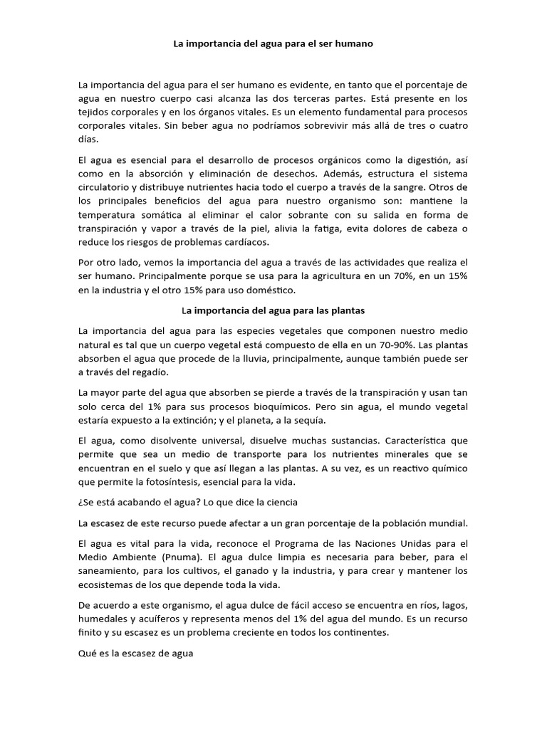Importancia del Agua para la Vida | PDF | Agua | Escasez de agua