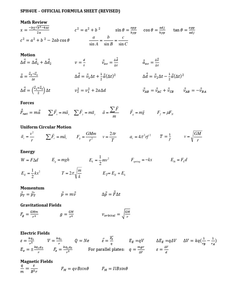 Sph4ue - Formula Sheet 2023 | PDF | Gravity | Electronvolt
