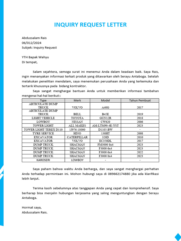 Inquiry Request Letter | PDF