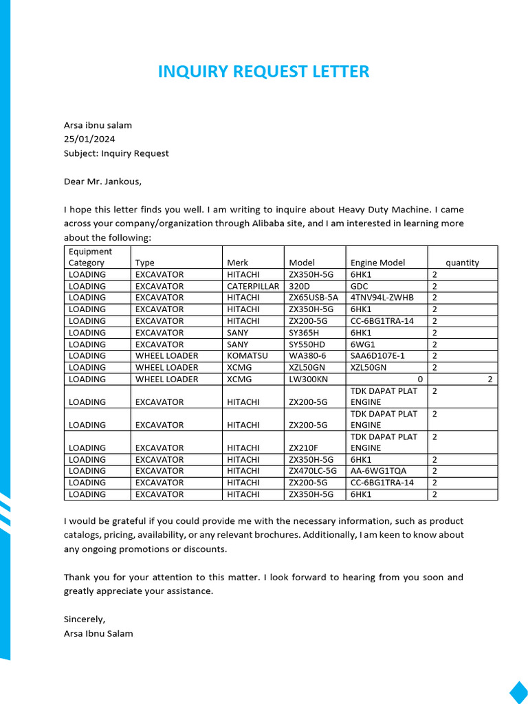 Inquiry Request Letter | PDF | Equipment | Industrial Equipment