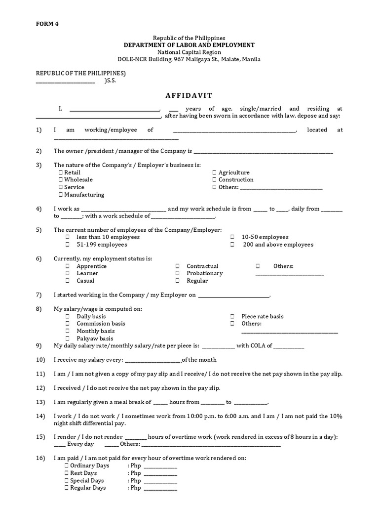 DOLE Workers_Affidavit | PDF | Employment | Salary