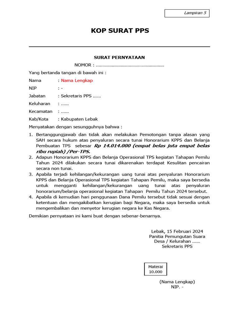 3-SURAT PERNYATAAN PPS dan KPPS TUNAI | PDF