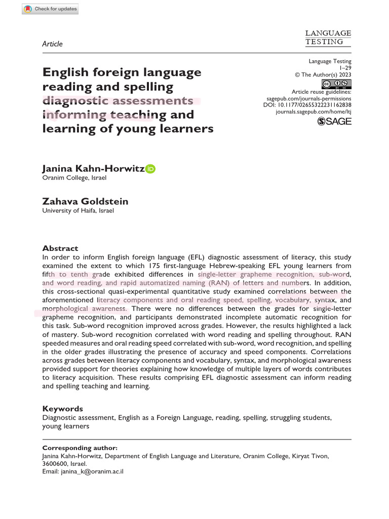 English Foreign Language Reading and Spelling Diagnostic Assessments Informing Teaching and ...