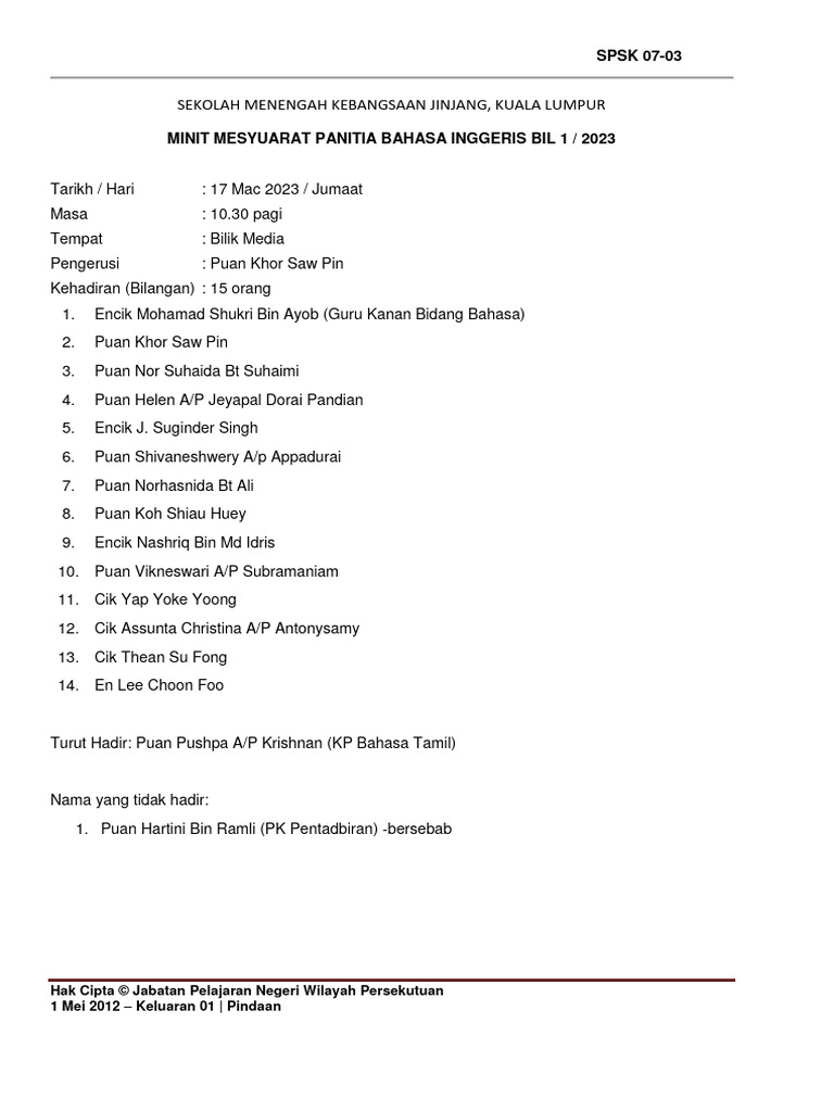 Minit Mesyuarat 2023 Bil. 1 Panitia Bahasa Inggeris | PDF