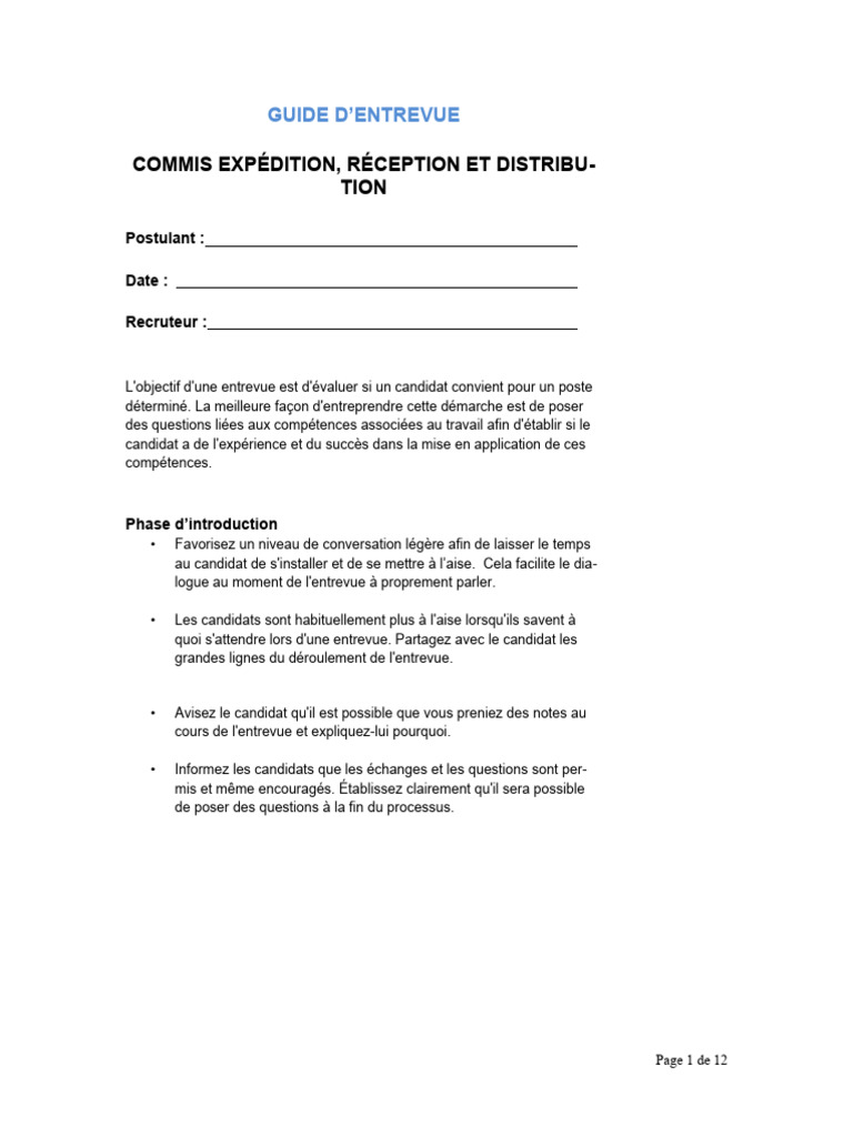 Guide D - Entrevue - Commis Expédition Réception Et Distribution | PDF | Concept de psychologie ...