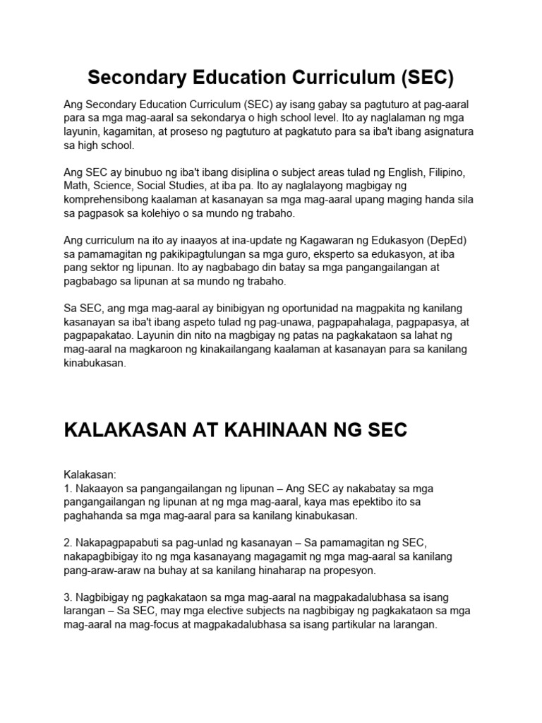 Secondary Education Curriculum (SEC) | PDF