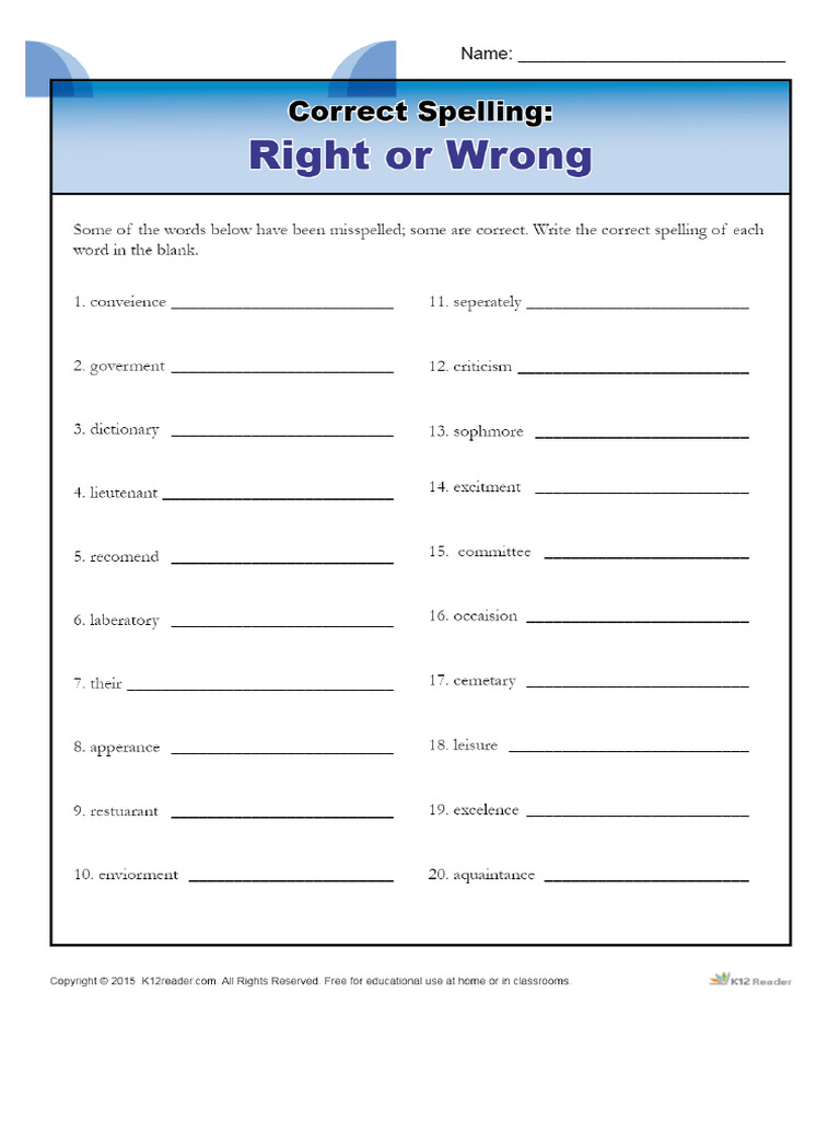 Correct Spelling - Right or Wrong - Proofing and Editing Worksheets | PDF