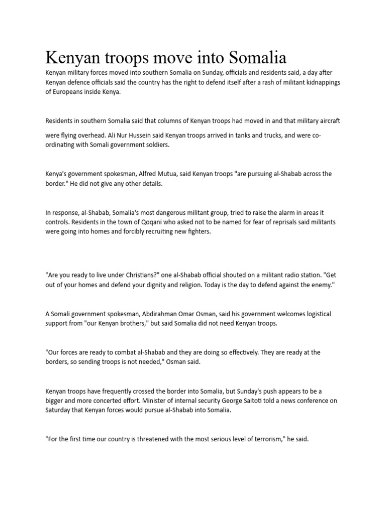 Kenyan Troops Enter Somalia to Combat Al-Shabab | PDF | Al Shabaab ...