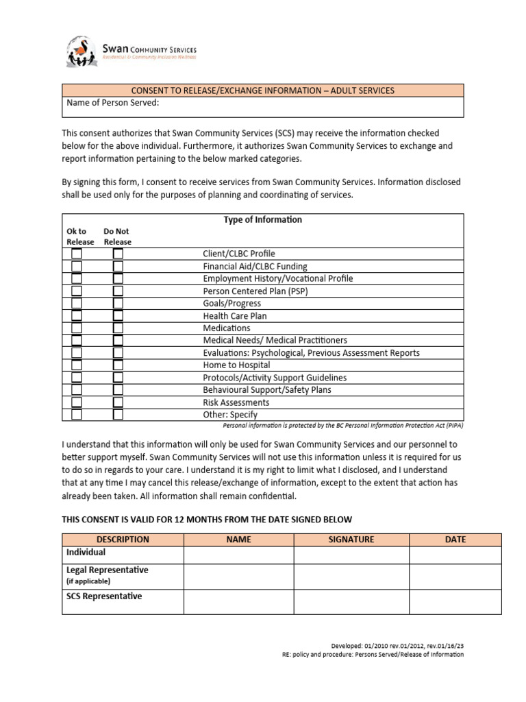 Consent for Information Release - Adult Services | PDF | Consent ...