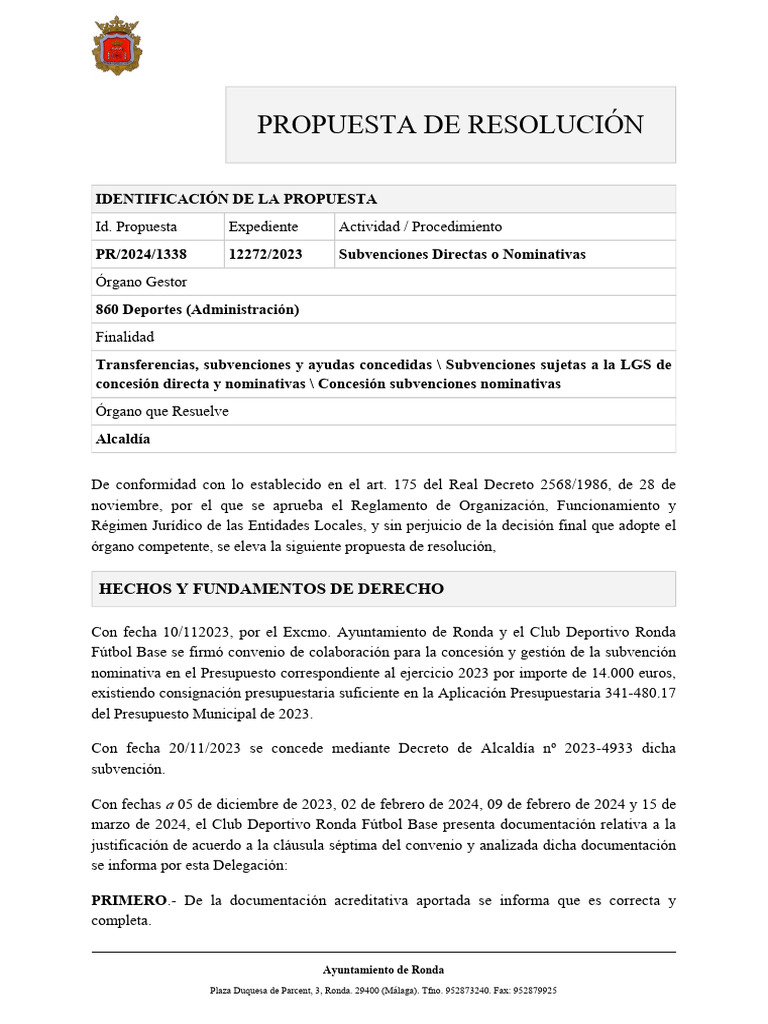 Resolución - Propuesta de Resolución - Propuesta de Resolución PR - 2024 - 1338 - Concesión ...