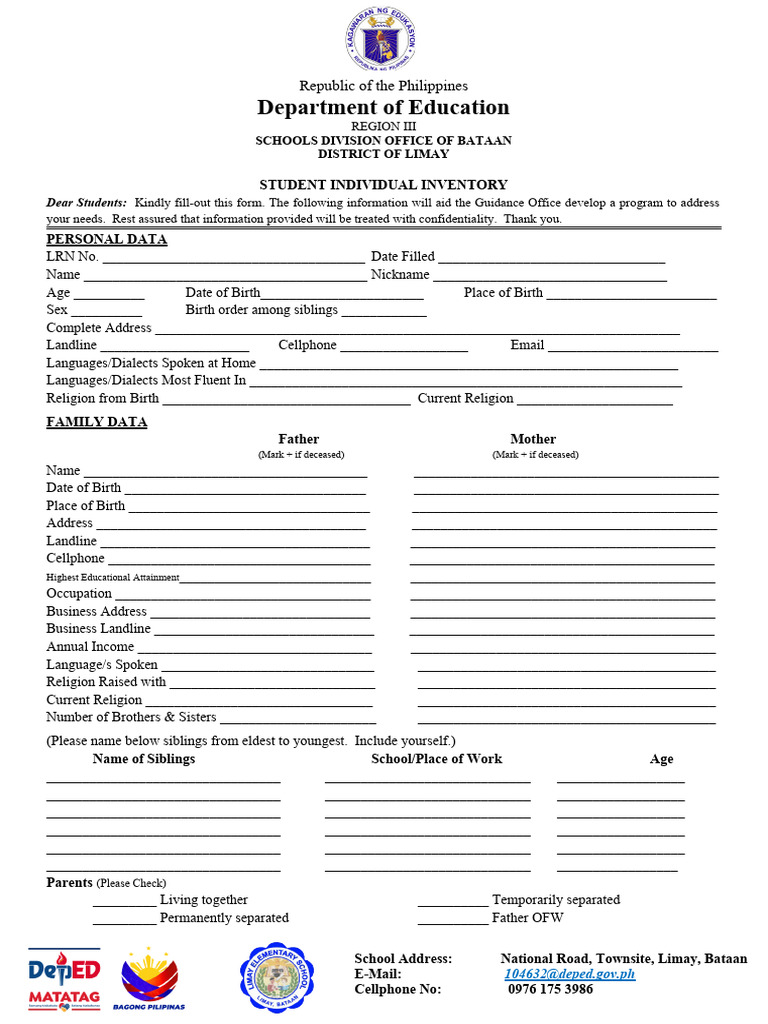 Student Individual Inventory Final 2023 - A4 | PDF | Learning