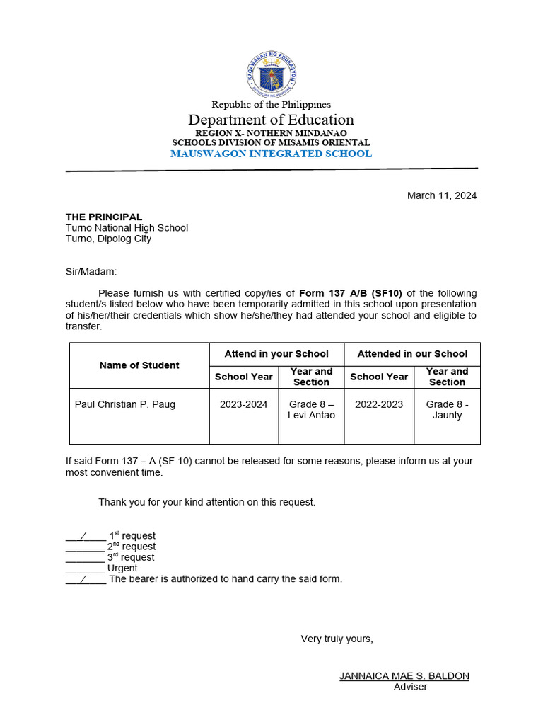 Request for Student Form 137 Copies | PDF