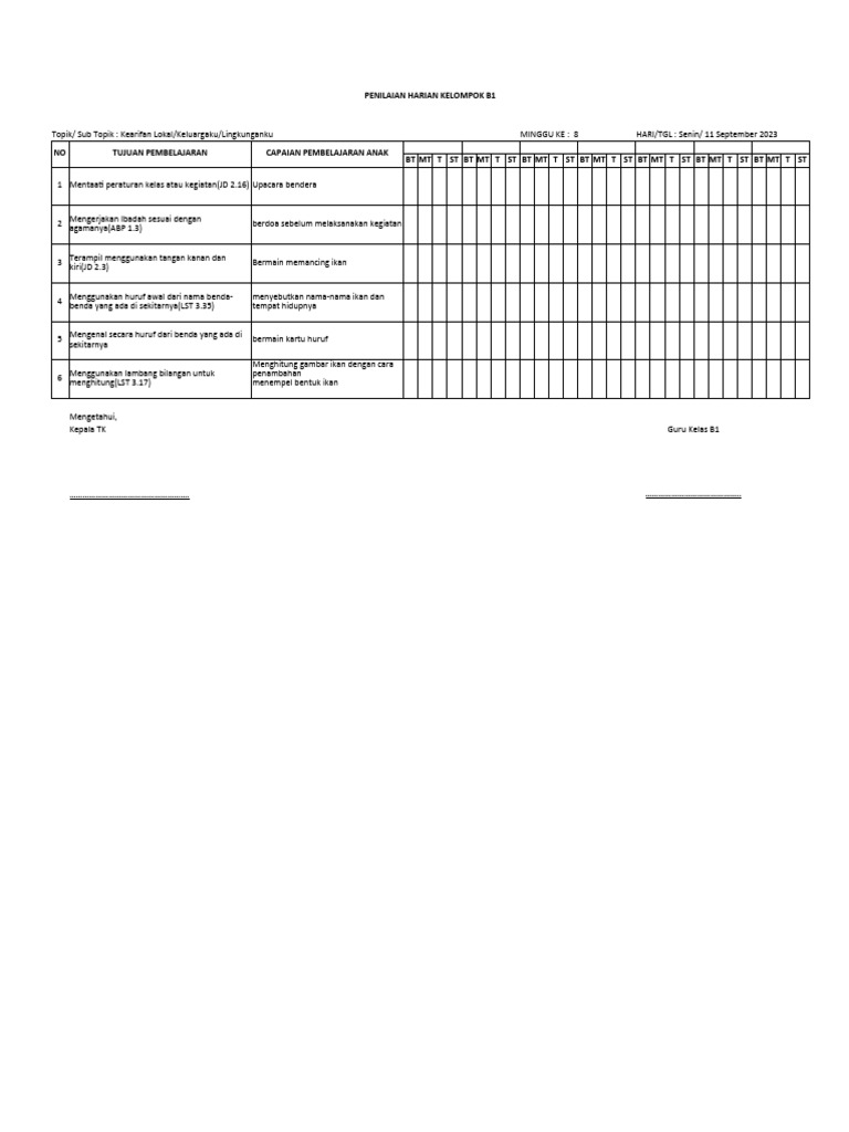 Penilaian Harian TK B1 Minggu 8 | PDF