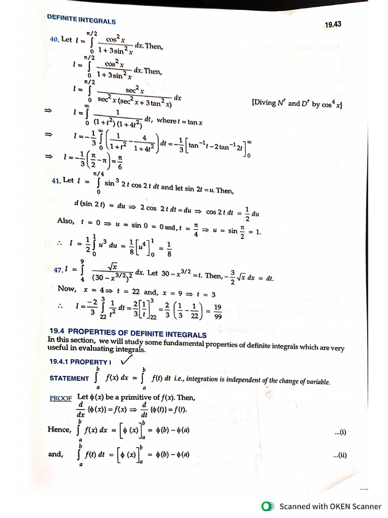 Definite Integration Properties Rdsharma Scan | PDF
