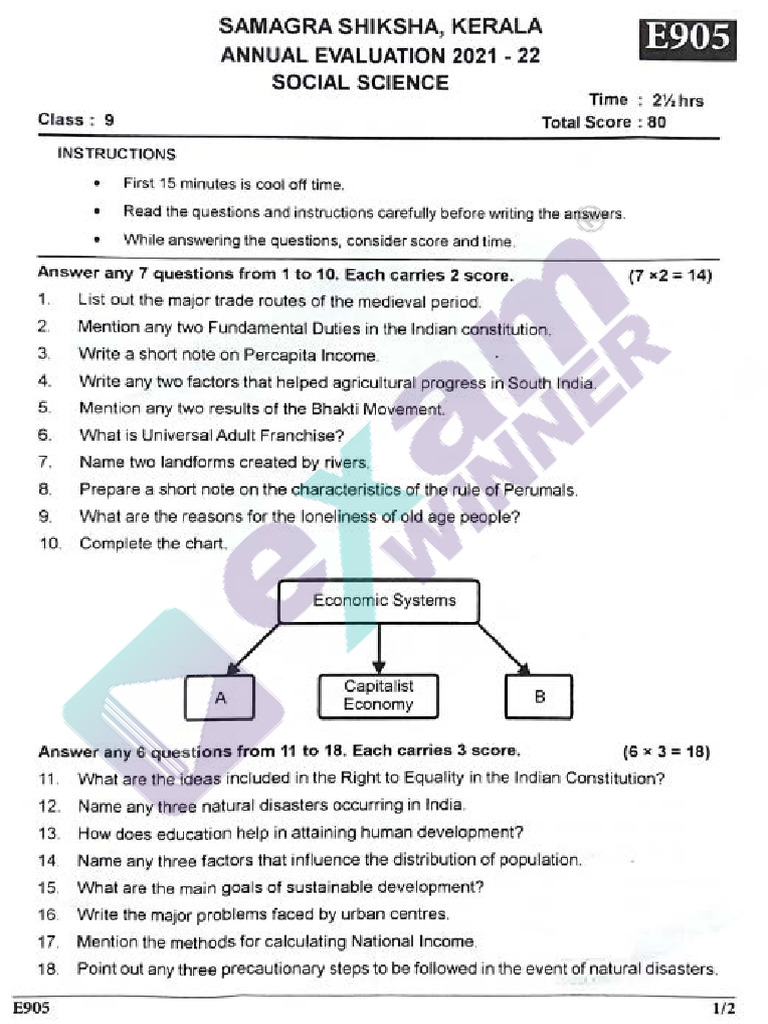 SOCIAL SCIENCE Eng Med Kerala Class 9 Annual Exam 2022 Question Paper | PDF