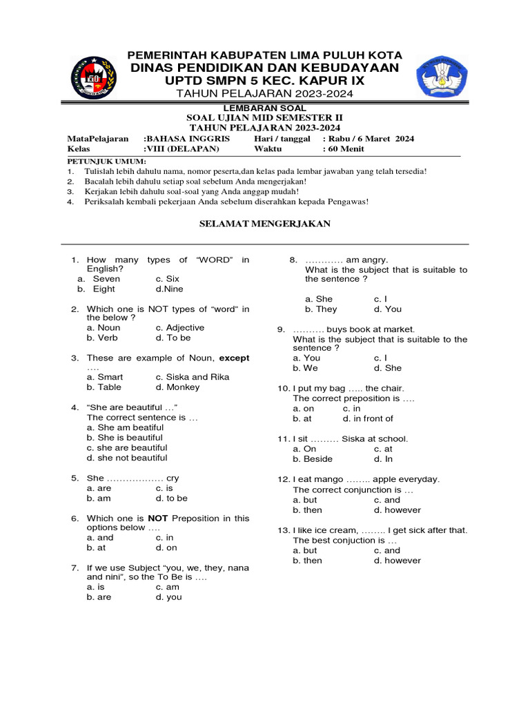 Soal Mid B.ing Kelas 8 | PDF | Adverb | Verb