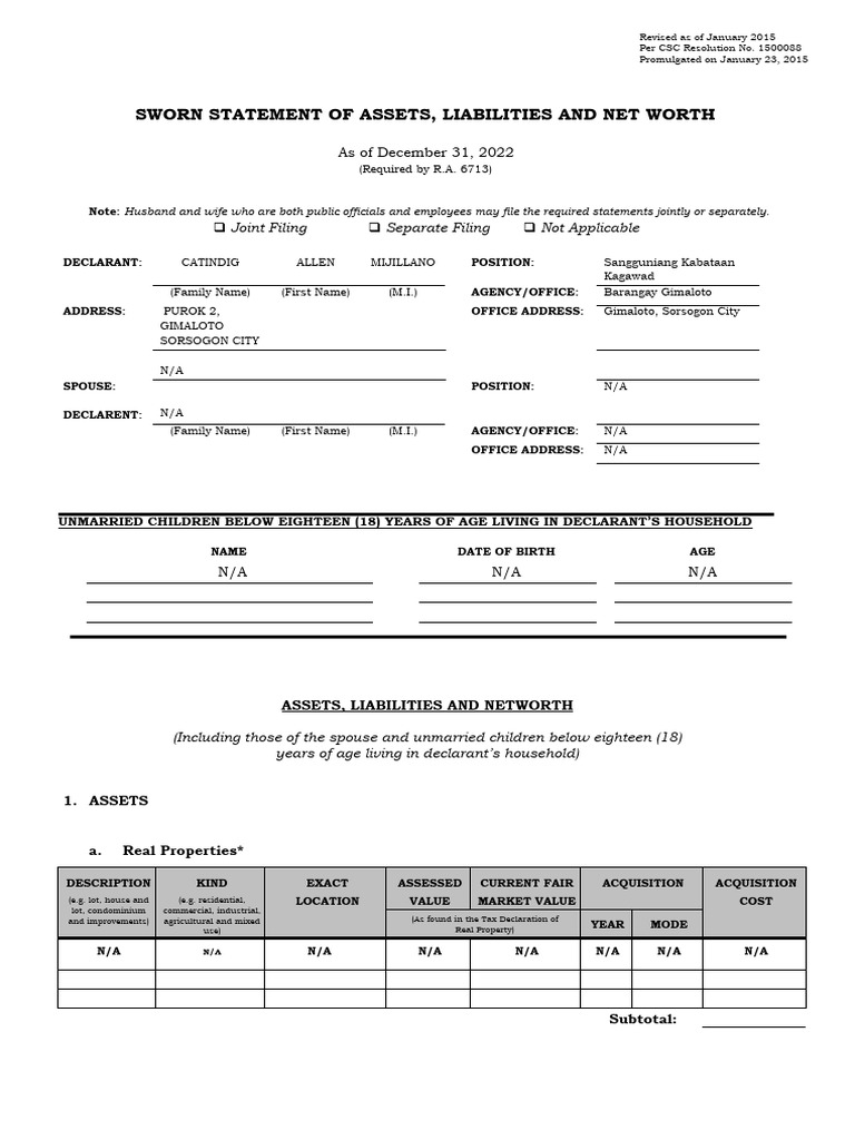 SALN Form CATINDIGALLEN - 011820 | PDF | Net Worth | Business