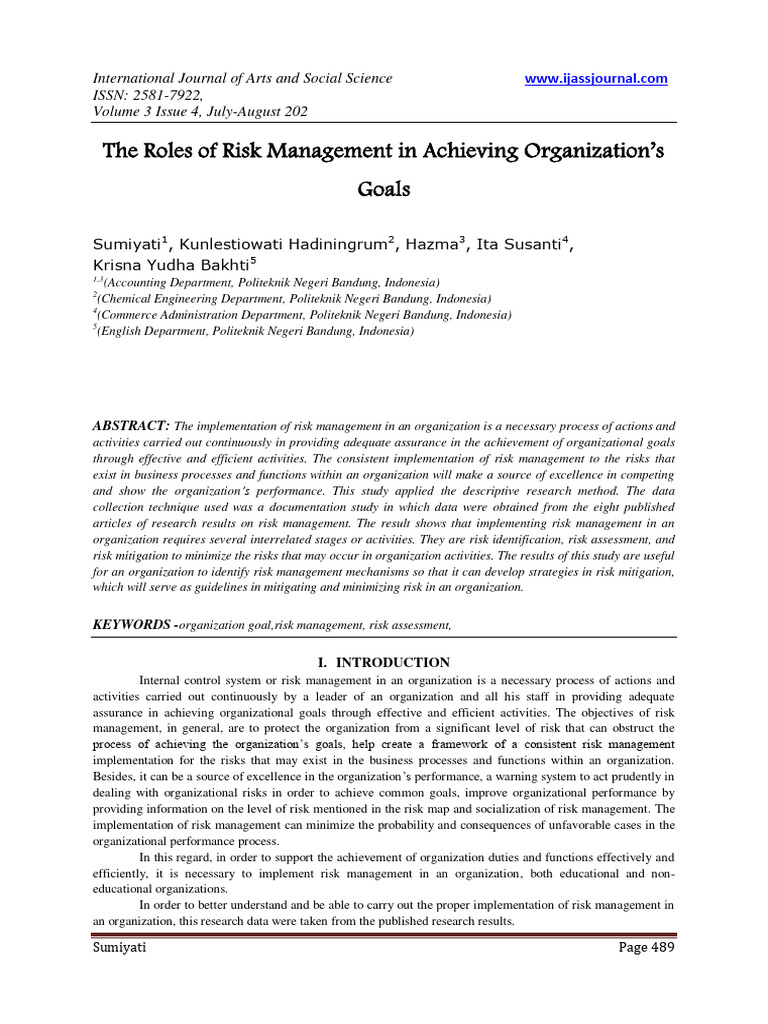 The Roles of Risk Management in Achieving Organization's Goals ...