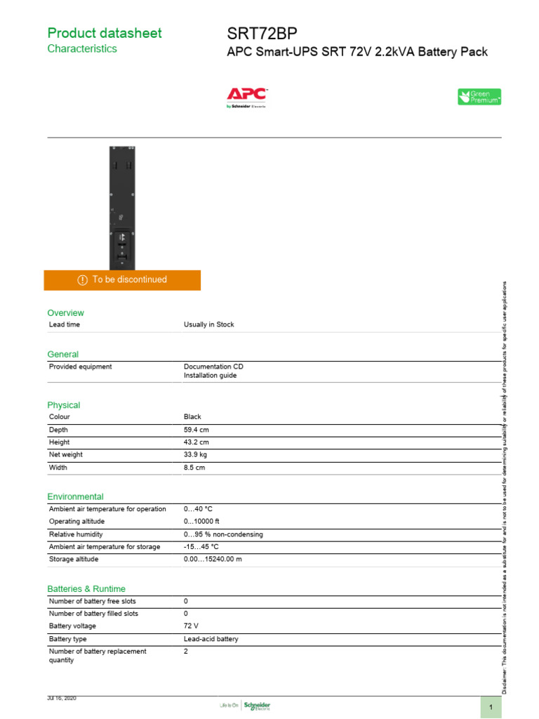 APC Smart-UPS SRT 72V 2.2kVA Battery Pack (SRT72BP) | PDF