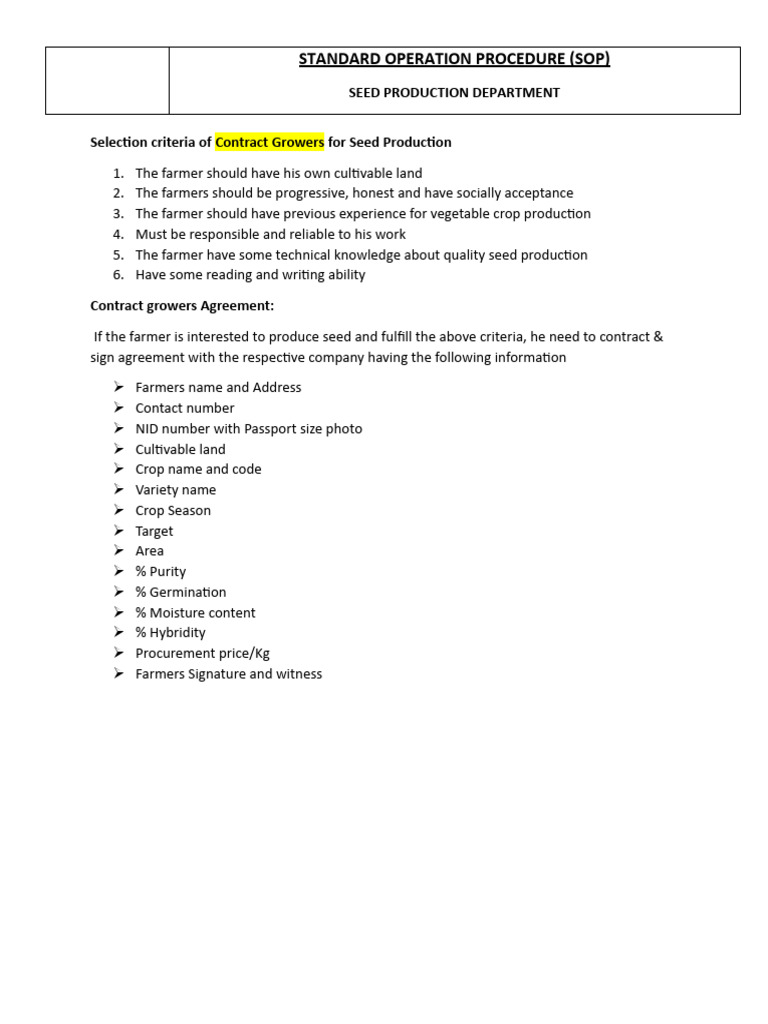 SOP (Contract Growers) | PDF