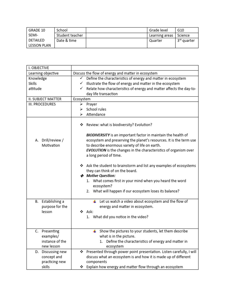 Grade 10 Ecosystem Lesson Plan | PDF | Ecosystem | Food Web