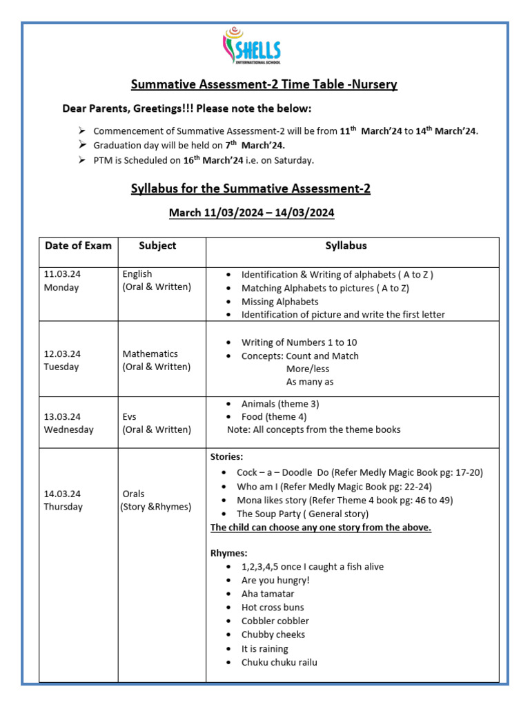 2024 SA2 Nursery Timetable and Syllabus | PDF