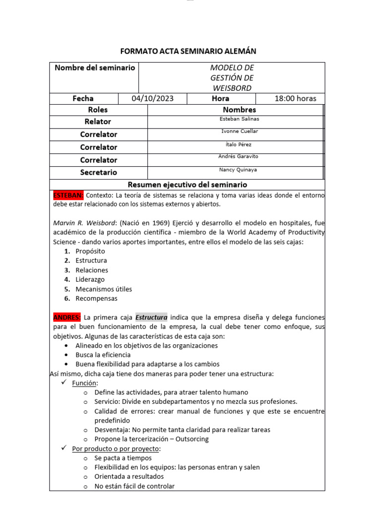 ACTA SEMINARIO ALEMAN - Weisbord - NANCY QUINAYA | PDF | Business ...