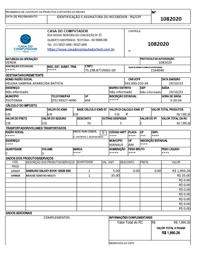 Modelo de Recibo Com Aparencia de Nota Fiscal 3.0 | PDF