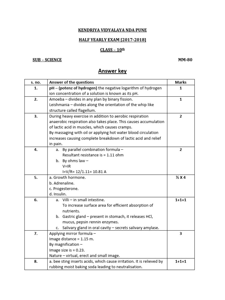KV Class 10 Half Yearly Exam Science Model Question Paper1 - Answer Key ... KV Class 10 Half Yearly Exam Science Model Question Paper1 - Answer Key ...