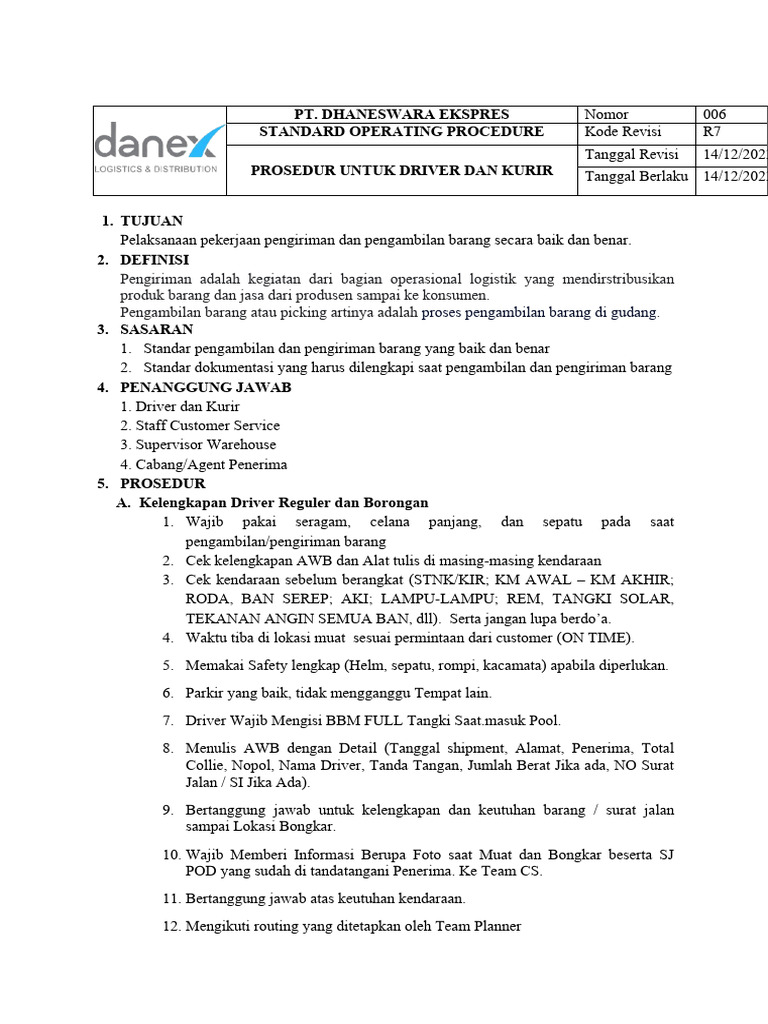 Sop Driver Dan Kurir | PDF | Bisnis