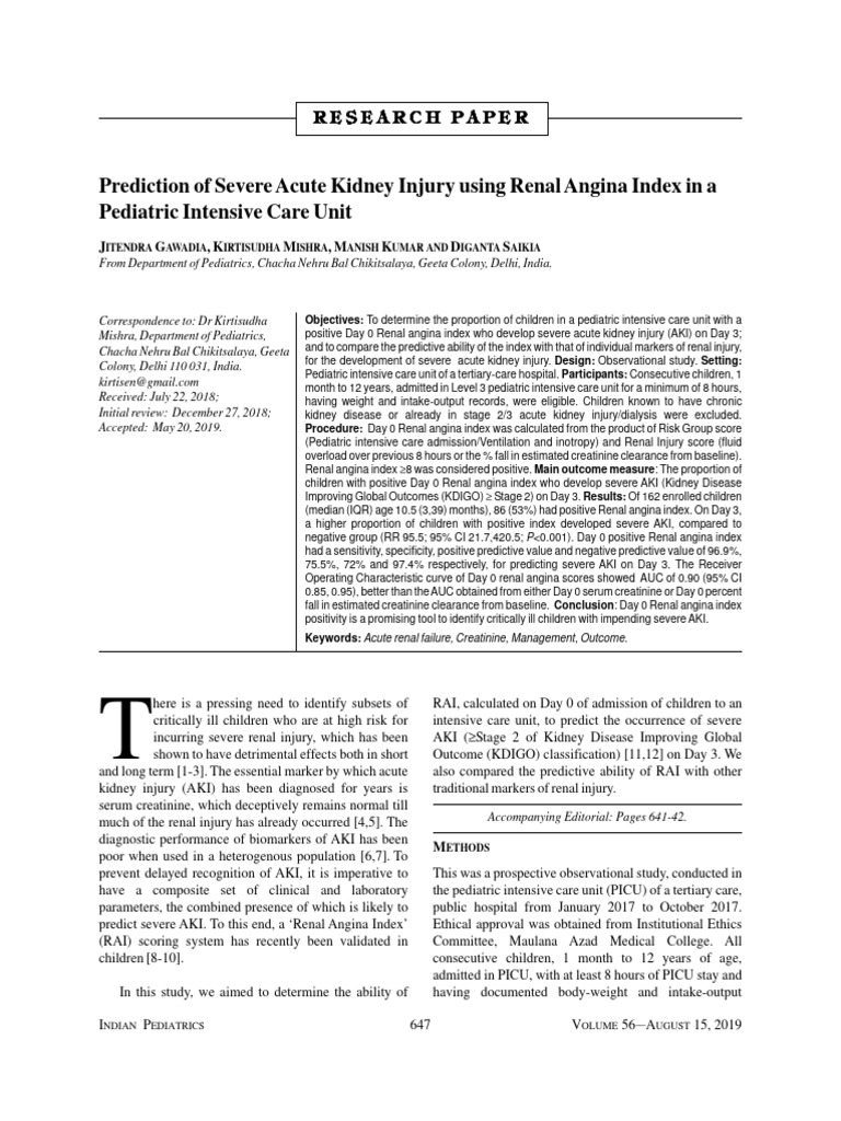 Predicting Severe AKI in Children Using RAI | PDF | Nephrology ...