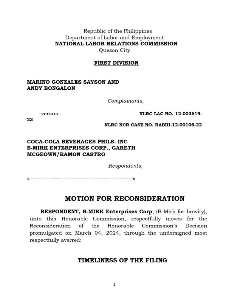 B-Mirk Enterprises Corp. Reconsideration Motion | PDF | Employment ...