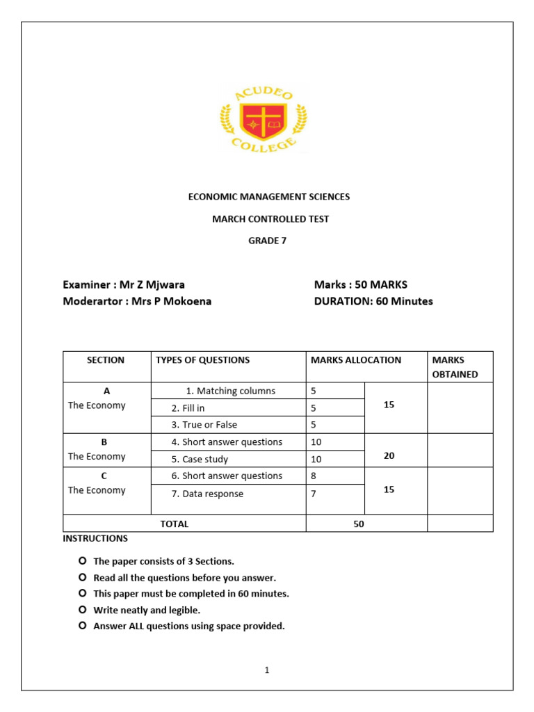 Ems Grade 7 Test and Memo | PDF | Recycling | Goods