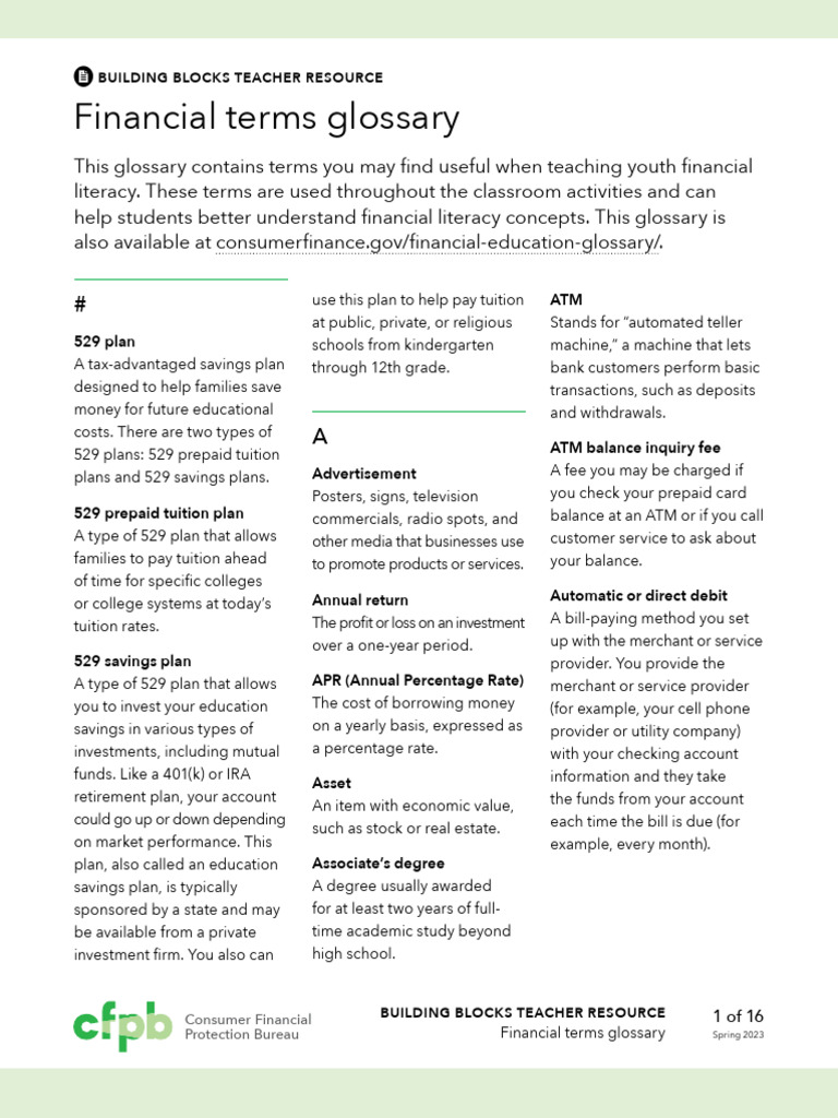 Financial Literacy Terms Glossary | PDF | Student Financial Aid In The ...