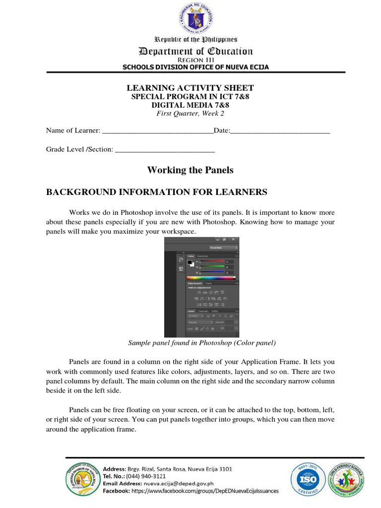 SP ICT 7 - 8 DM - W2 - Working The Panels - Dox | PDF | Adobe Photoshop | Double Click